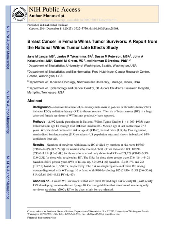 (PDF) Breast cancer in female survivors of Wilms tumor: A report from ...