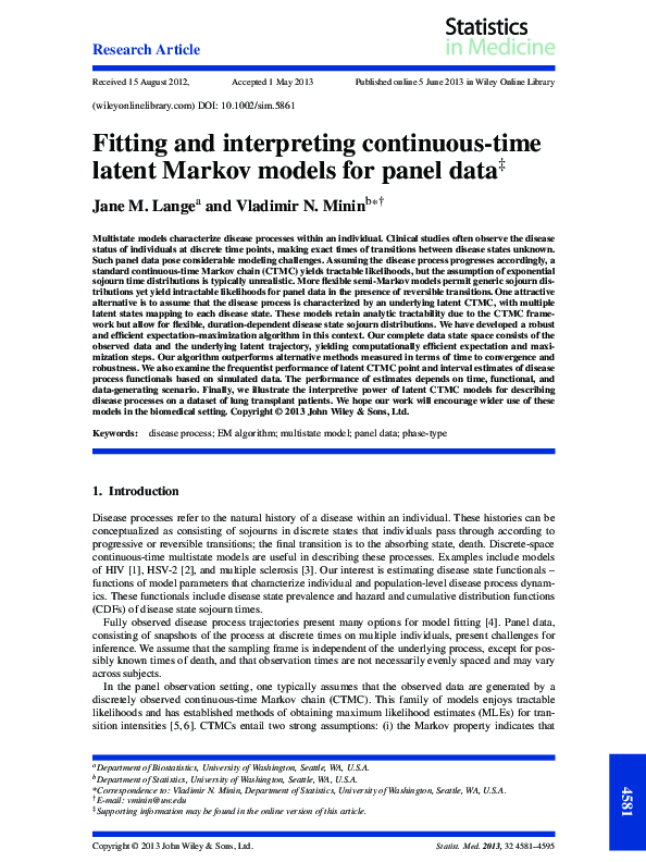 (PDF) Fitting and interpreting continuous-time latent Markov models for panel data