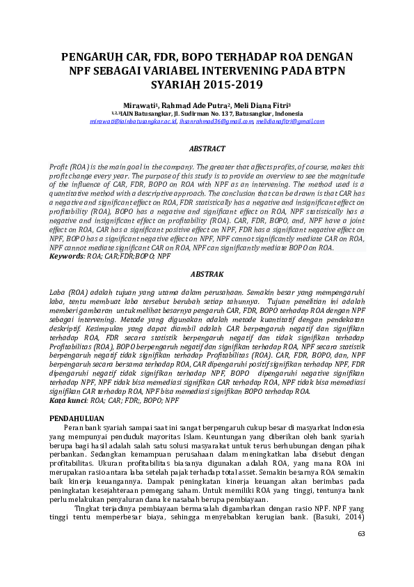 (PDF) Pengaruh Car, FDR,Bopo Terhadap Roa Dengan NPF Sebagai Variabel Intervening Pada BTPN ...
