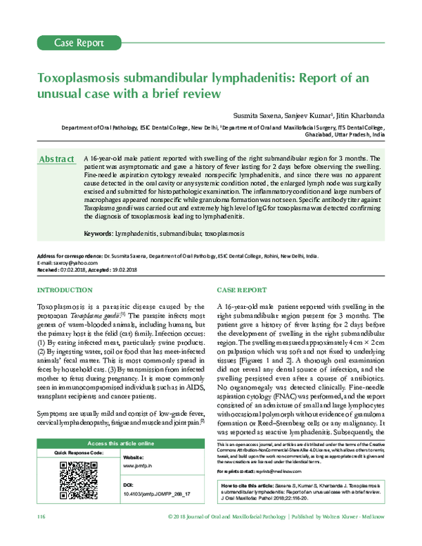 (PDF) Toxoplasmosis submandibular lymphadenitis: Report of an unusual ...