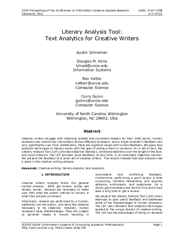 (PDF) Literary Analysis Tool: Text Analytics for Creative Writers