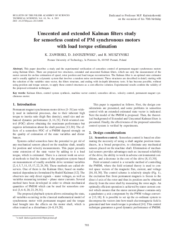 (PDF) Unscented and extended Kalman filters study for sensorless ...