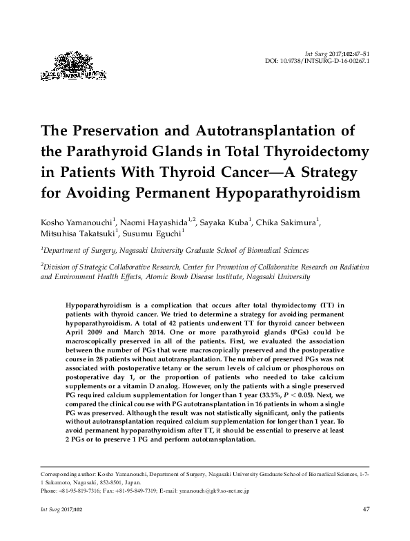 (PDF) The preservation and autotransplantation of the parathyroid glands in total thyroidectomy ...