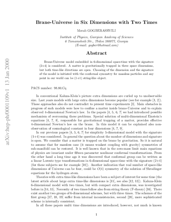 (PDF) Brane-Universe in Six Dimensions with Two Times