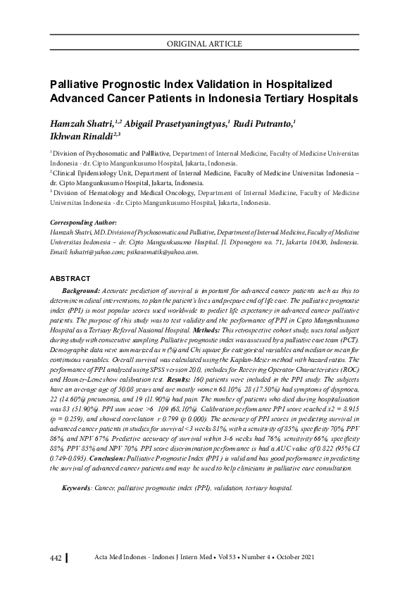 (PDF) Validating Palliative Prognostic Index in Advanced Cancer ...