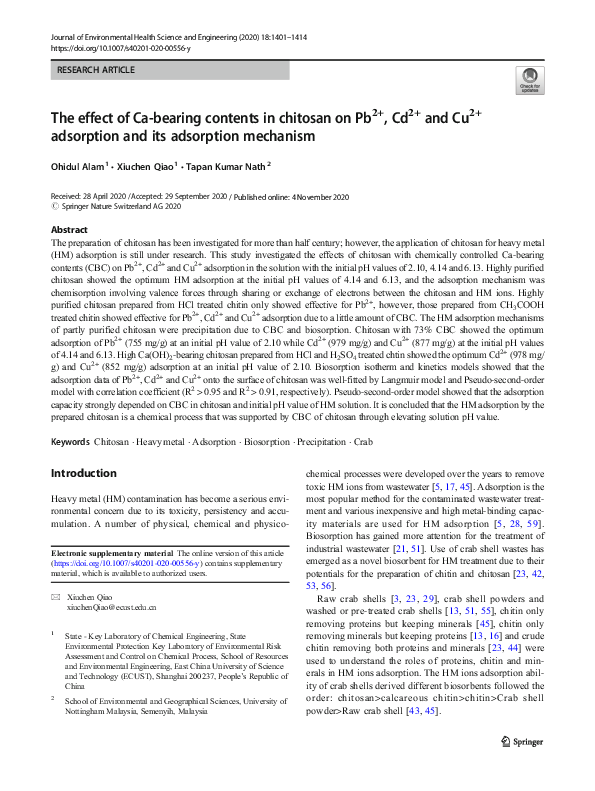 (PDF) The effect of Ca-bearing contents in chitosan on Pb2+, Cd2+ and ...