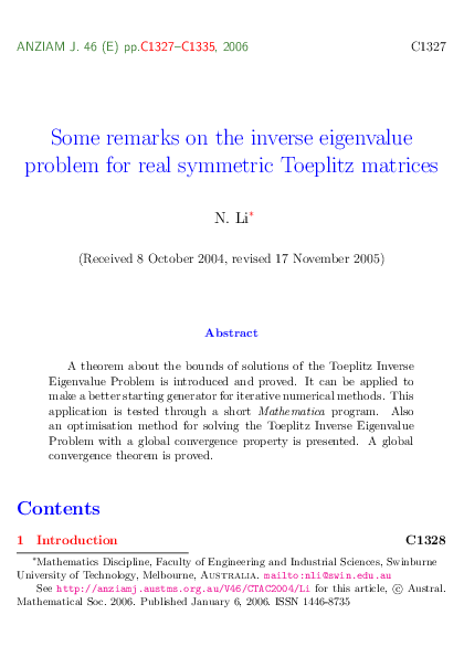 (PDF) Some remarks on the inverse eigenvalue problem for real symmetric ...