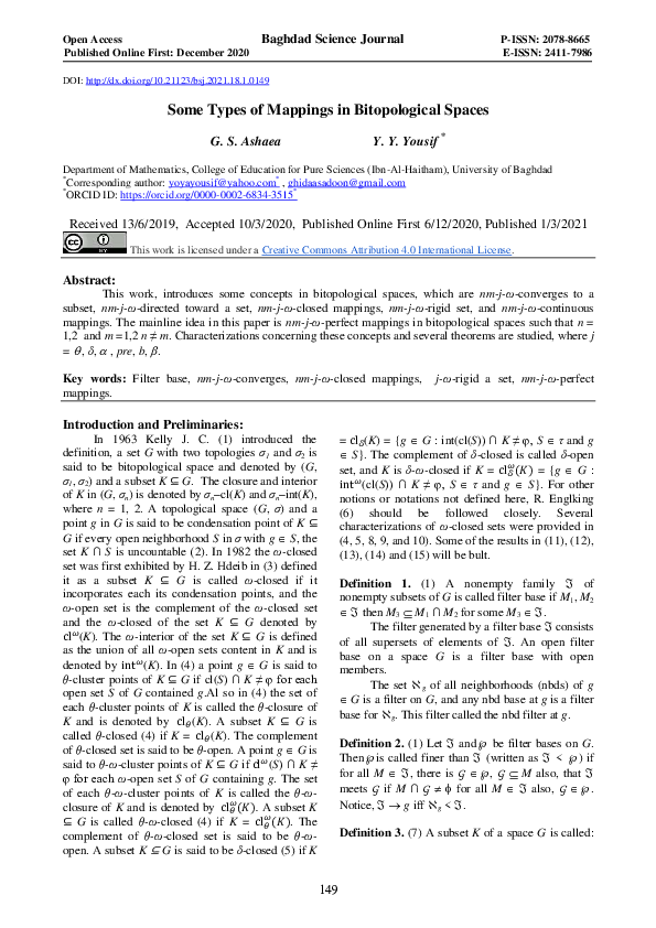 (PDF) Some Types of Mappings in Bitopological Spaces | yousif yaqoub - Academia.edu