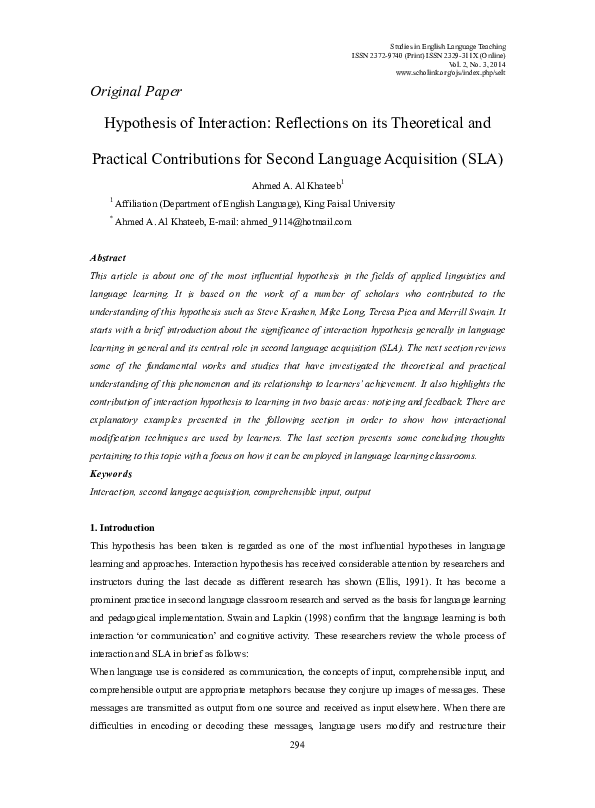 Pdf Hypothesis Of Interaction Reflections On Its Theoretical And Practical Contributions For