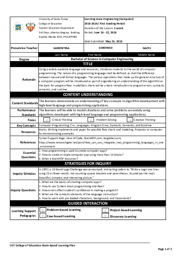 (PDF) Example of Brain Based Lesson Plan