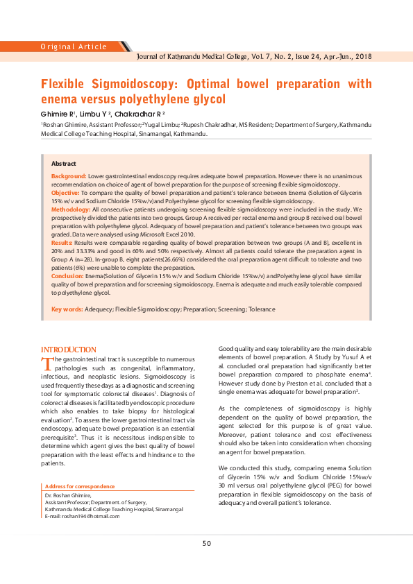 (PDF) Flexible Sigmoidoscopy: Optimal bowel preparation with enema ...