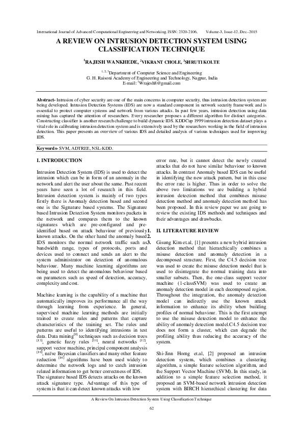 Pdf A Review On Intrusion Detection System Using Classification Technique Vikrant Chole