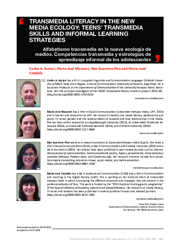 (PDF) Transmedia literacy in the new media ecology: Teens’ transmedia ...