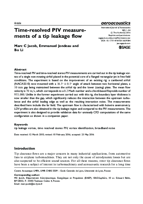 (PDF) Time-resolved PIV measurements of a tip leakage flow