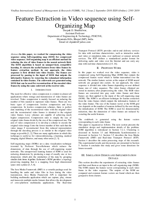 (PDF) Feature Extraction in Video sequence using Self-Organizing Map