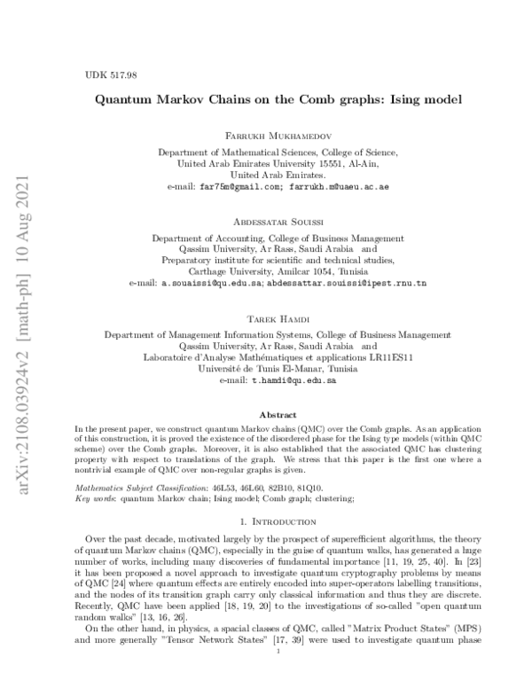 (PDF) Quantum Markov Chains on Comb Graphs: Ising Model