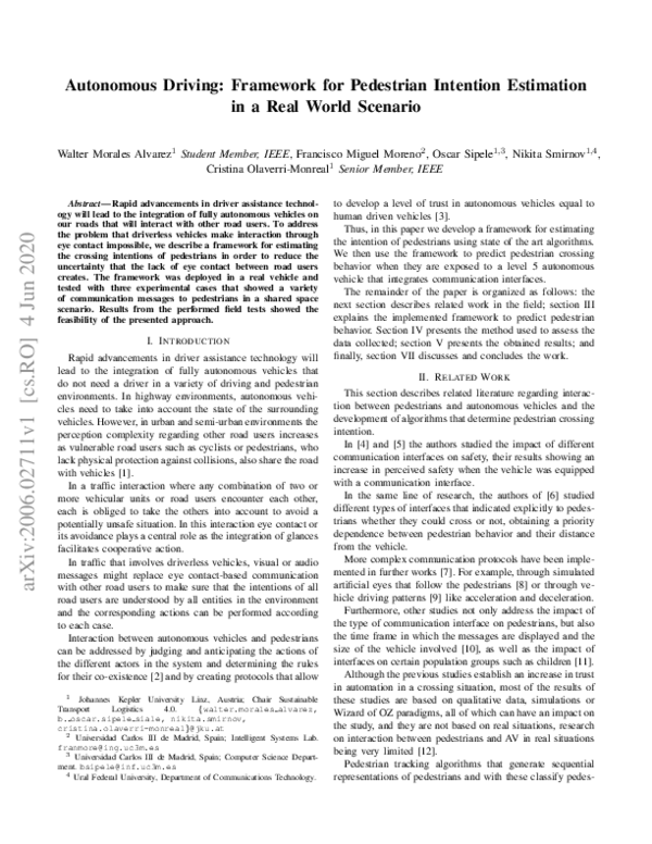 Pdf Autonomous Driving Framework For Pedestrian Intention Estimation