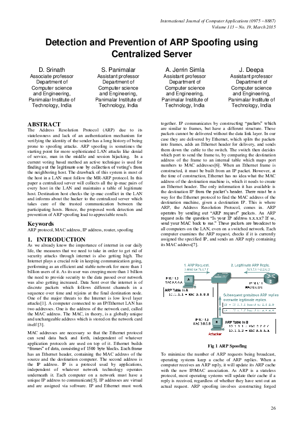 Pdf Detection And Prevention Of Arp Spoofing Using Centralized Server