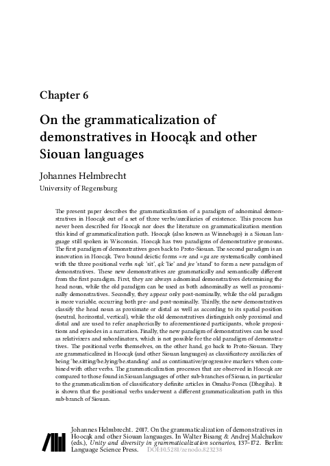 (PDF) Chapter 6 On the grammaticalization of demonstratives in Hoocąk and other Siouan languages