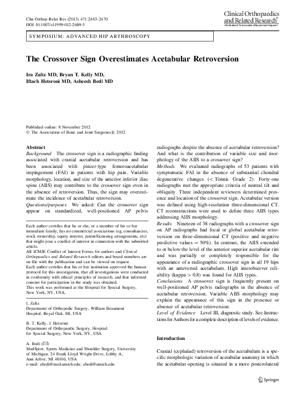 (PDF) The Crossover Sign Overestimates Acetabular Retroversion