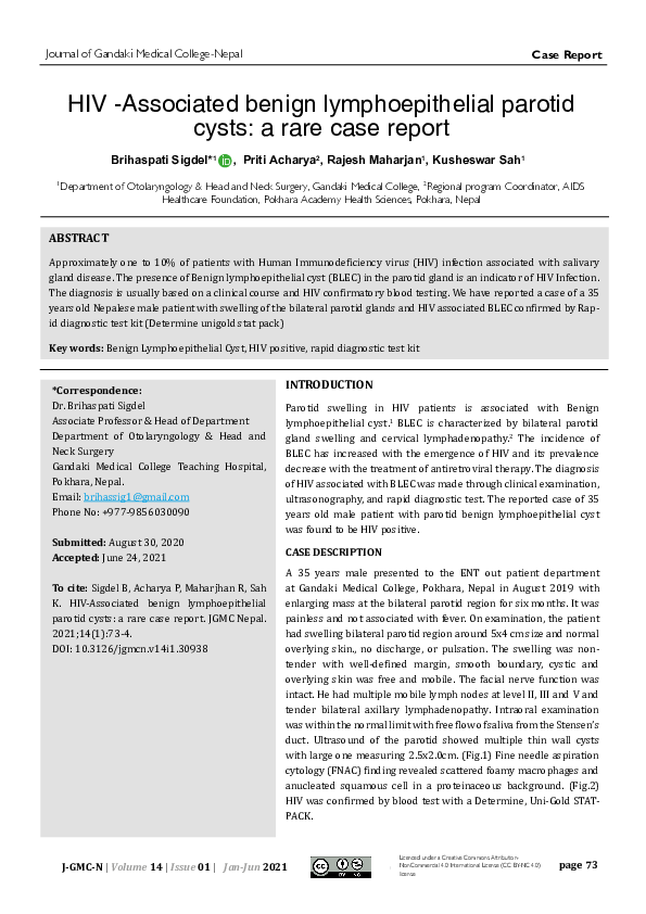 (PDF) HIV-Associated benign lymphoepithelial parotid cysts: a rare case ...