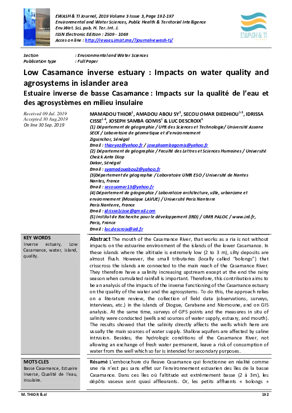 (PDF) Low Casamance inverse estuary : Impacts on water quality and ...