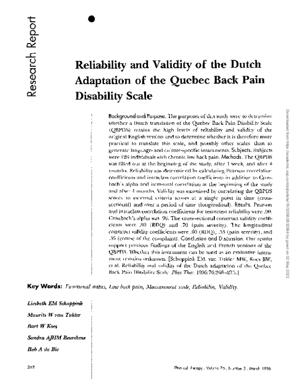 (PDF) Reliability and Validity of the Dutch Adaptation of the Quebec ...