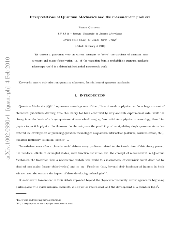 (PDF) Interpretations of Quantum Mechanics and the measurement problem