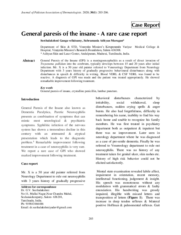 (PDF) General paresis of the insane - A rare case report | seetha lakshmi - Academia.edu