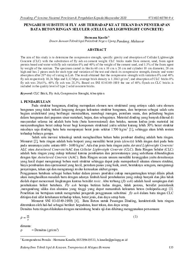 (PDF) Pengaruh Substitusi Fly Ash Terhadap Kuat Tekan Dan Penyerapan Bata Beton Ringan Seluler ...