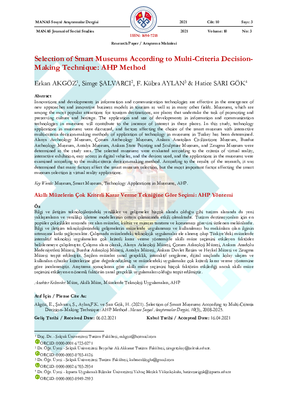 Pdf Selection Of Smart Museums According To Multi Criteria Decision Making Technique Ahp Method