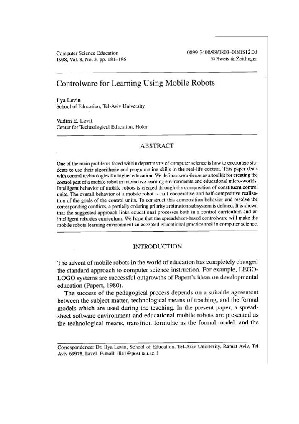 (PDF) Controlware for Learning Using Mobile Robots
