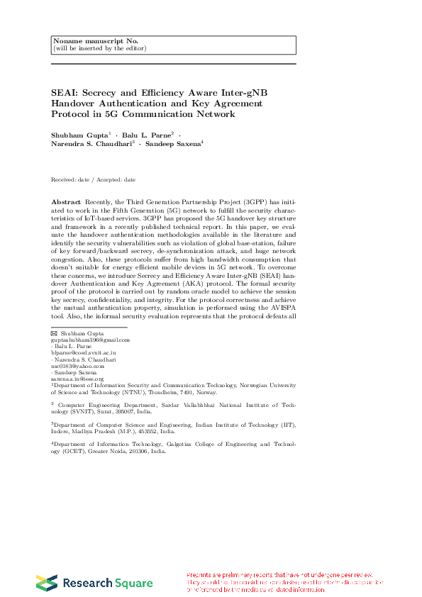 (PDF) SEAI: Secrecy and Efficiency Aware Inter-gNB Handover ...