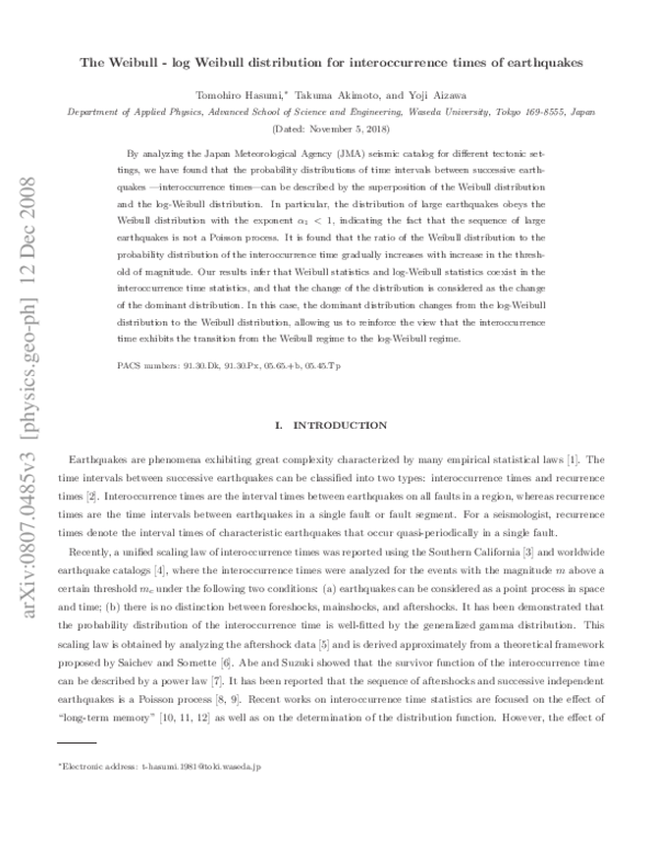 (PDF) The Weibull–log Weibull distribution for interoccurrence times of ...
