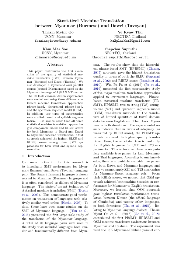 (PDF) Statistical Machine Translation between Myanmar (Burmese) and ...