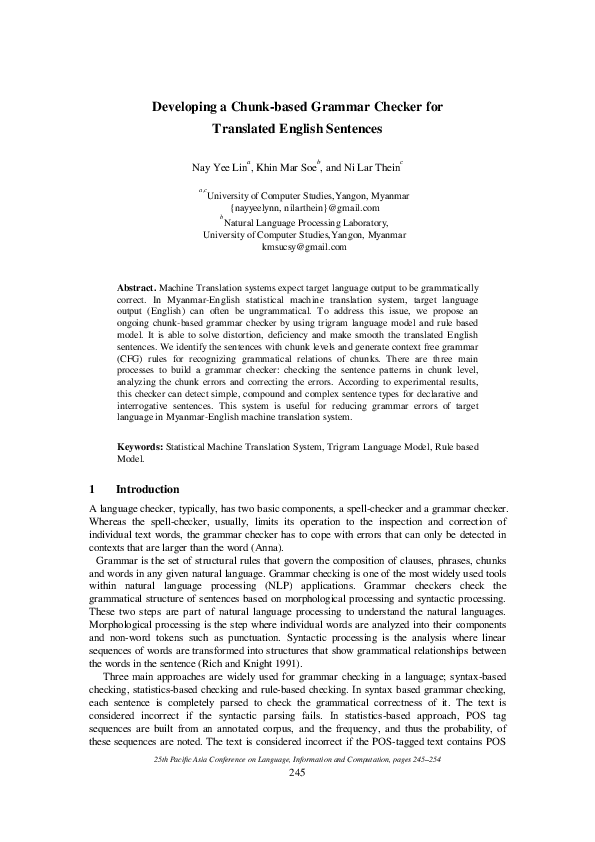 (PDF) Developing a Chunk-based Grammar Checker for Translated English ...