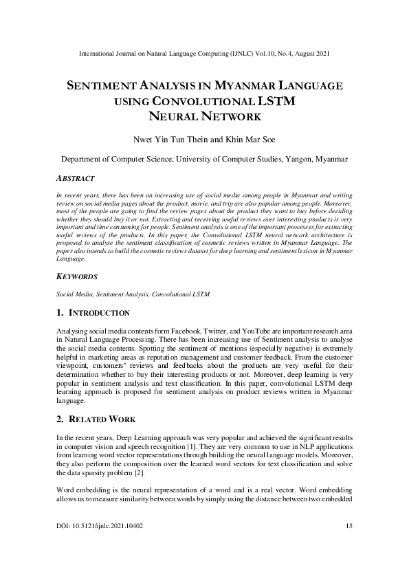 (PDF) Sentiment Analysis in Myanmar Language using Convolutional LSTM ...