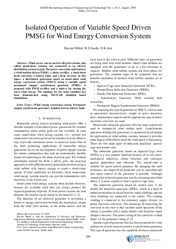 (PDF) Isolated Operation of Variable Speed Driven PMSG for Wind Energy Conversion System