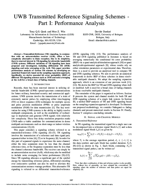 (PDF) UWB Transmitted Reference Signaling Schemes - Part I: Performance Analysis