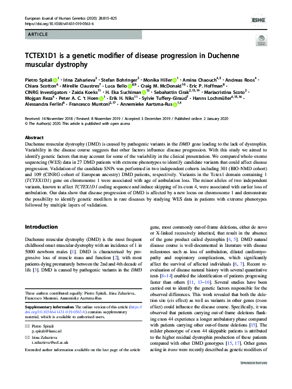 (PDF) TCTEX1D1 is a genetic modifier of disease progression in Duchenne ...
