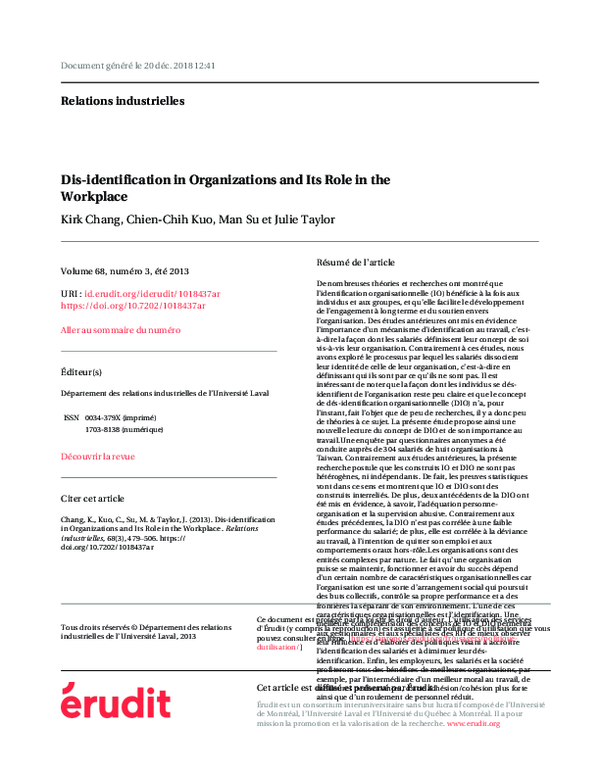 (PDF) Dis-identification in Organizations and Its Role in the Workplace