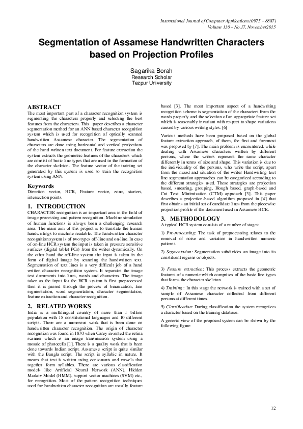 (PDF) Segmentation of Assamese Handwritten Characters based on ...