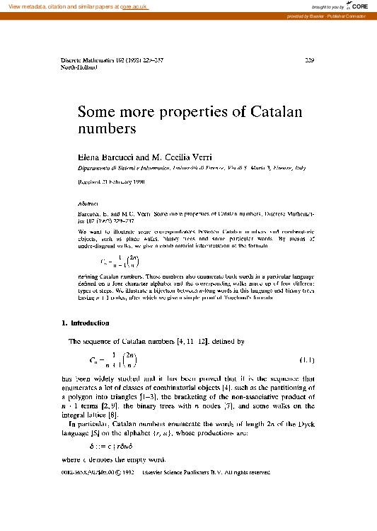 (PDF) Some more properties of Catalan numbers