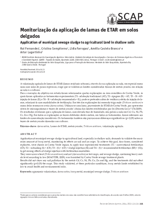 (PDF) Monitorização da aplicação de lamas de ETAR em solos delgados ...