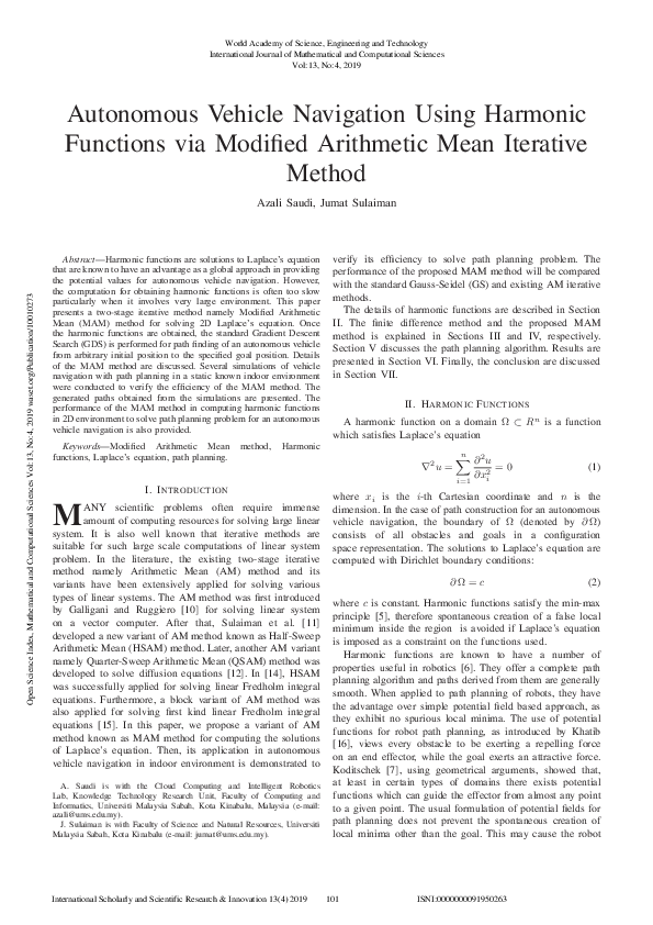 (PDF) Autonomous Vehicle Navigation Using Harmonic Functions via Modified Arithmetic Mean ...