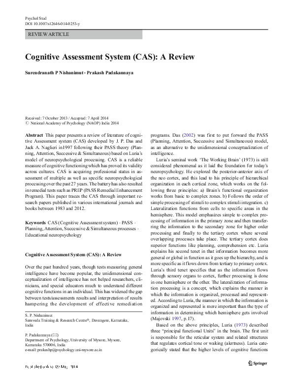 (PDF) Cognitive Assessment System (CAS): A Review