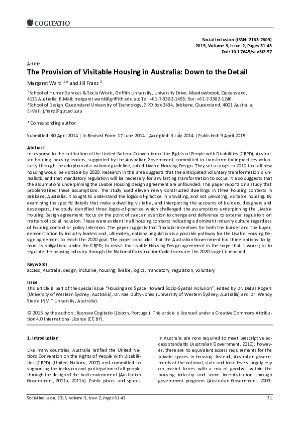 (PDF) The Provision of Visitable Housing in Australia: Down to the Detail