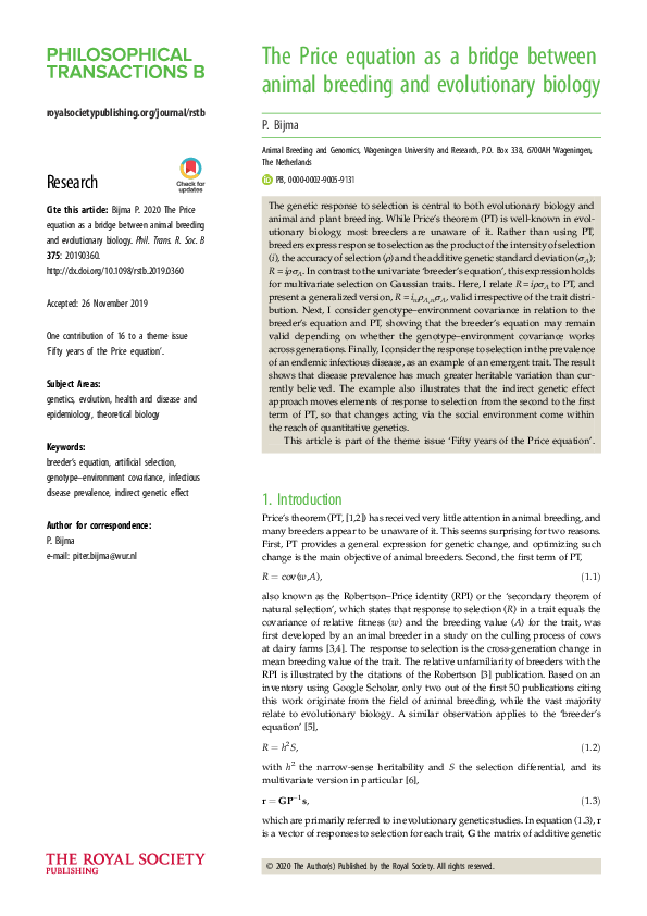 (PDF) The Price equation as a bridge between animal breeding and ...