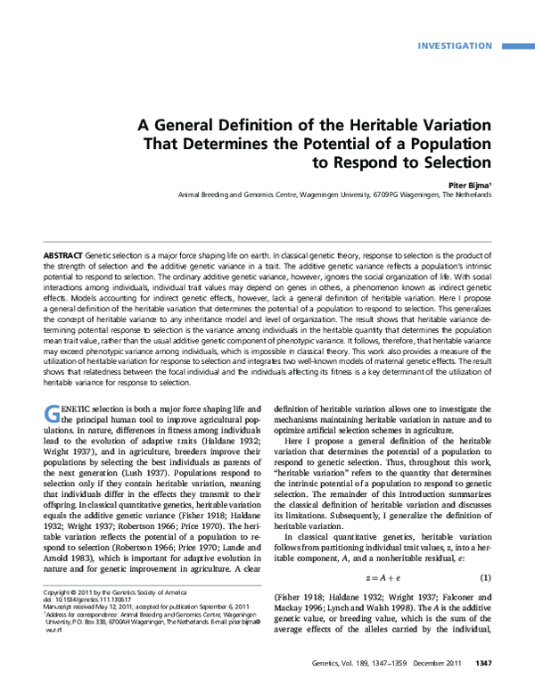 (PDF) A General Definition of the Heritable Variation That Determines ...