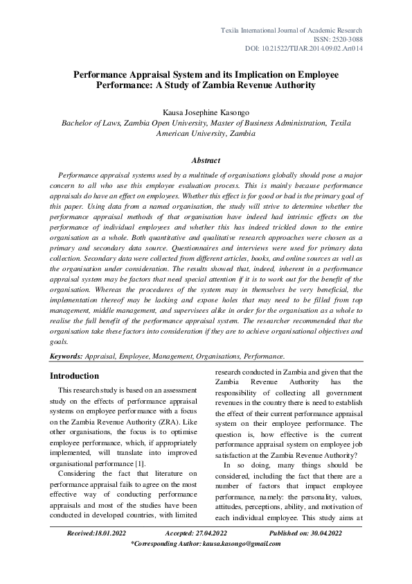 Pdf Performance Appraisal System And Its Implication On Employee